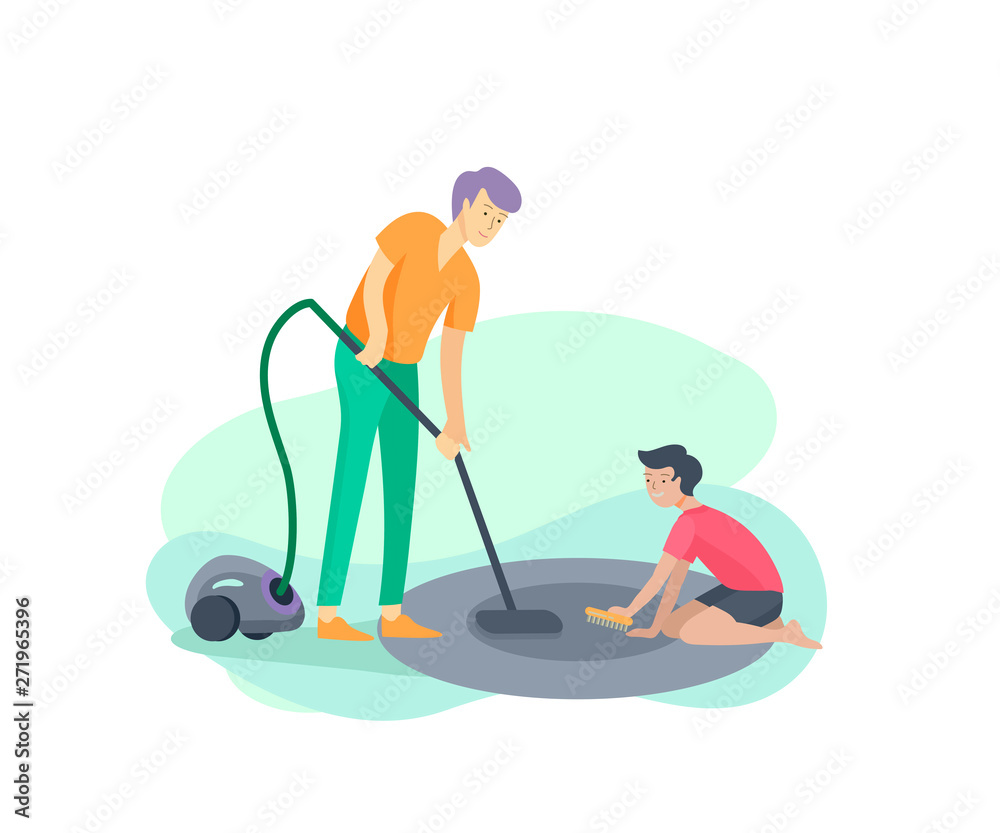 Scenes with family doing housework, kids boy helping father with home ...