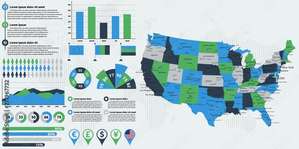 Detailed United States of America map with infographic elements. Vector ...