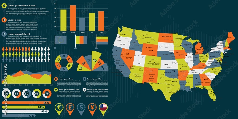 Detailed United States of America map with infographic elements. Vector ...