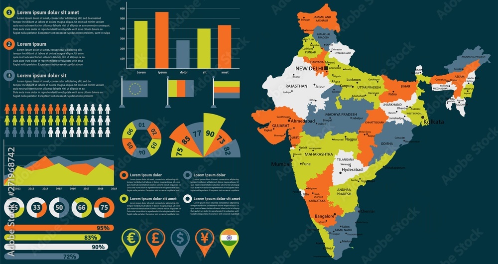 Detailed India map with infographic elements. Vector illustration ...