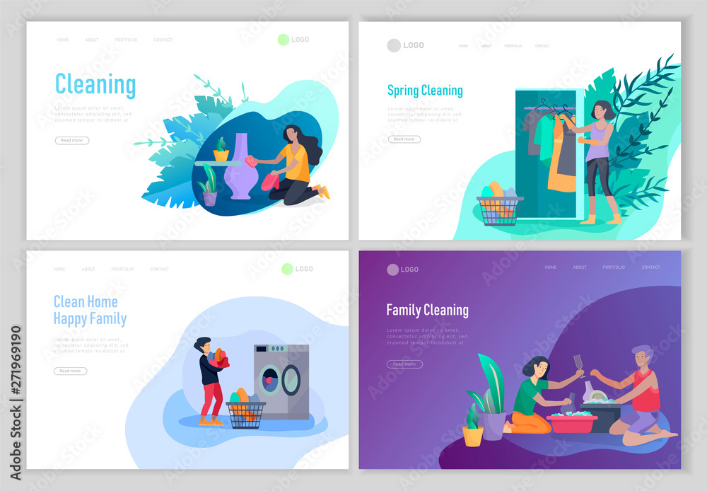 landing page template people home cleaning, washing dishes, fold ...