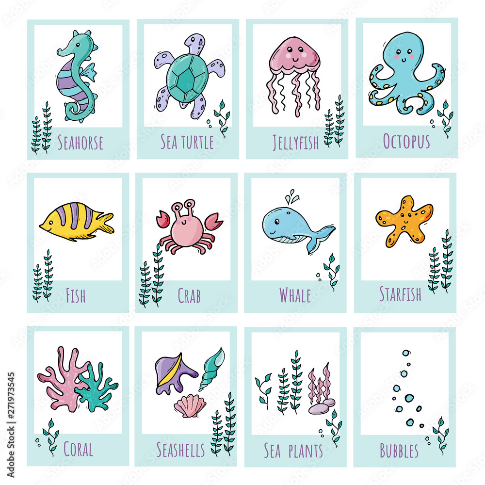 Cute children sea life educational flashcards with sea creatures Stock ...