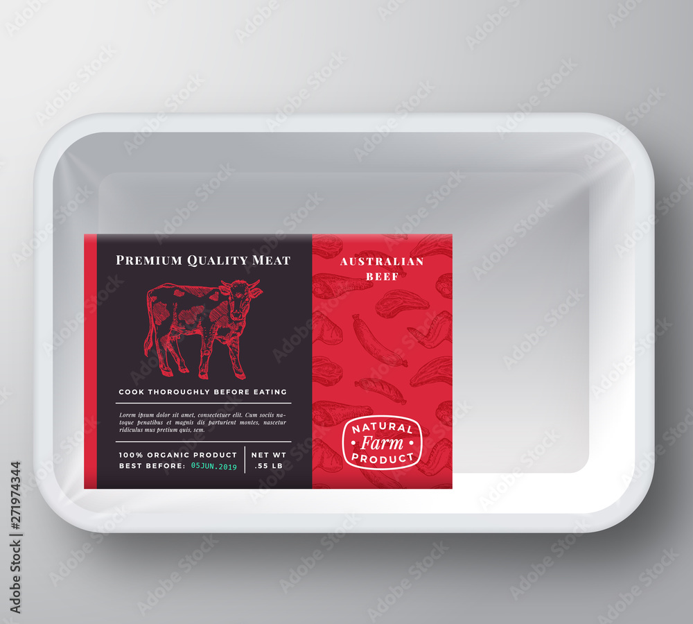 Beef Abstract Vector Plastic Tray Container Cover. Premium Quality Meat ...
