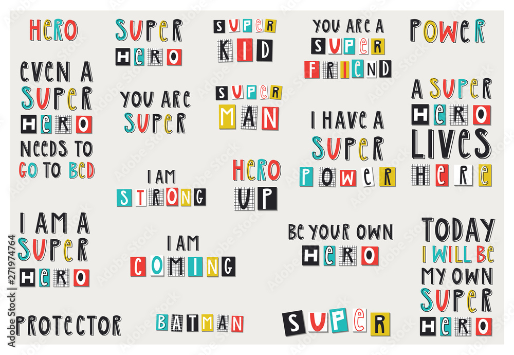 Big set of Super Hero lettering phrases and words. Vector illustration ...