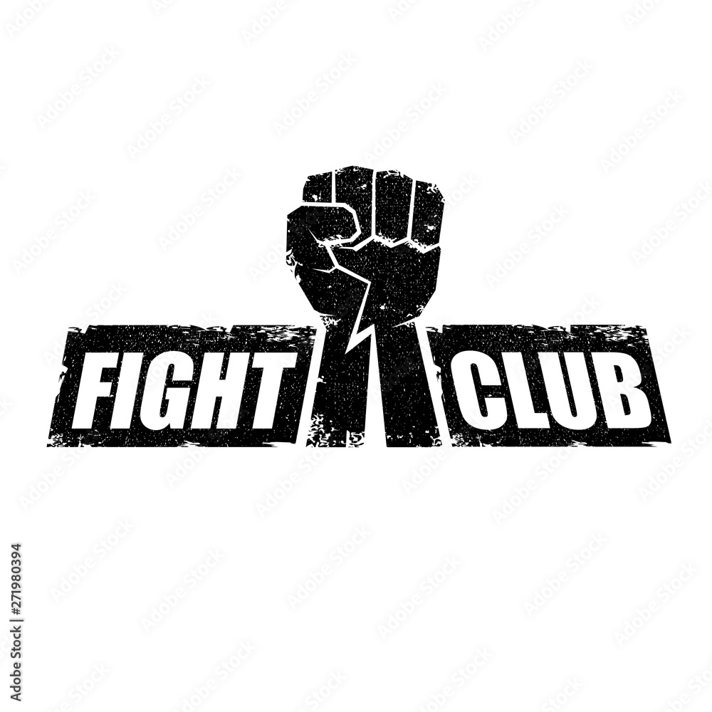 fight club vector logo or label with grunge black man fist isolated on ...
