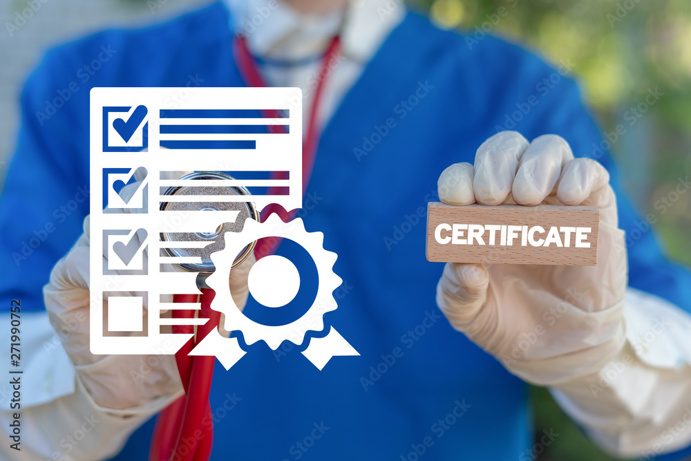 Certificate Healthcare Pharmacy concept. Pharmacist or doctor holds ...