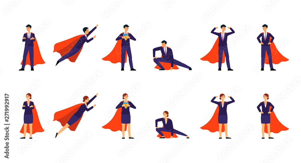 Superhero businessman in the cape set of poses flat vector illustration ...