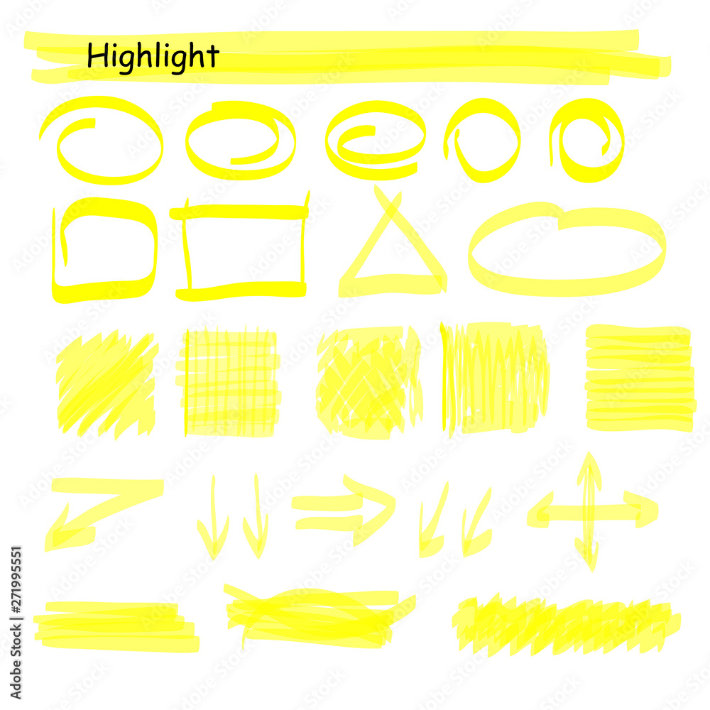 Hand drawn highlight marker lines set. Highlighter yellow strokes ...