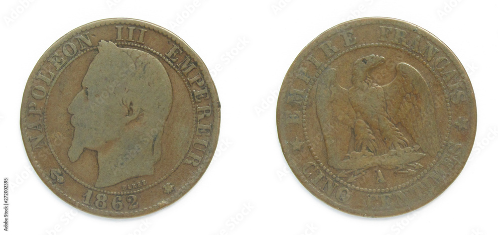 French republic 5 Centimes bronze coin 1862 A year. The coin features a ...