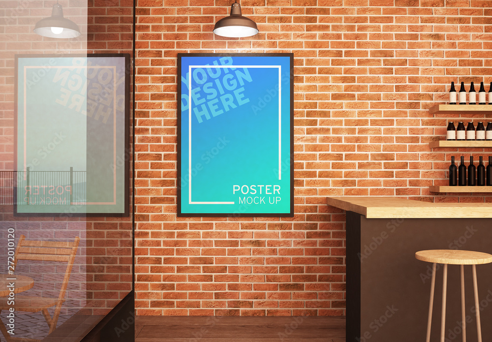 Poster with Frame Mockup Hanging on Wall of a Bar Stock Template ...