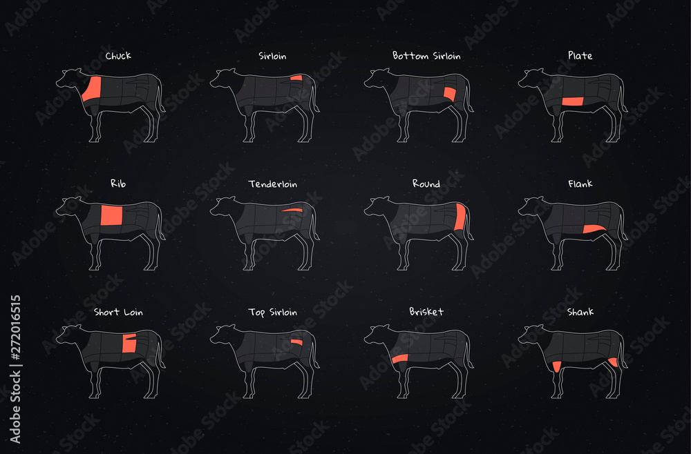 Set of vector beef steak diagram banner. American meat cutting. Cow ...