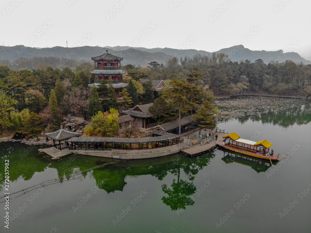 Aerial view little pavilions next the lake inside the Imperial Summer ...