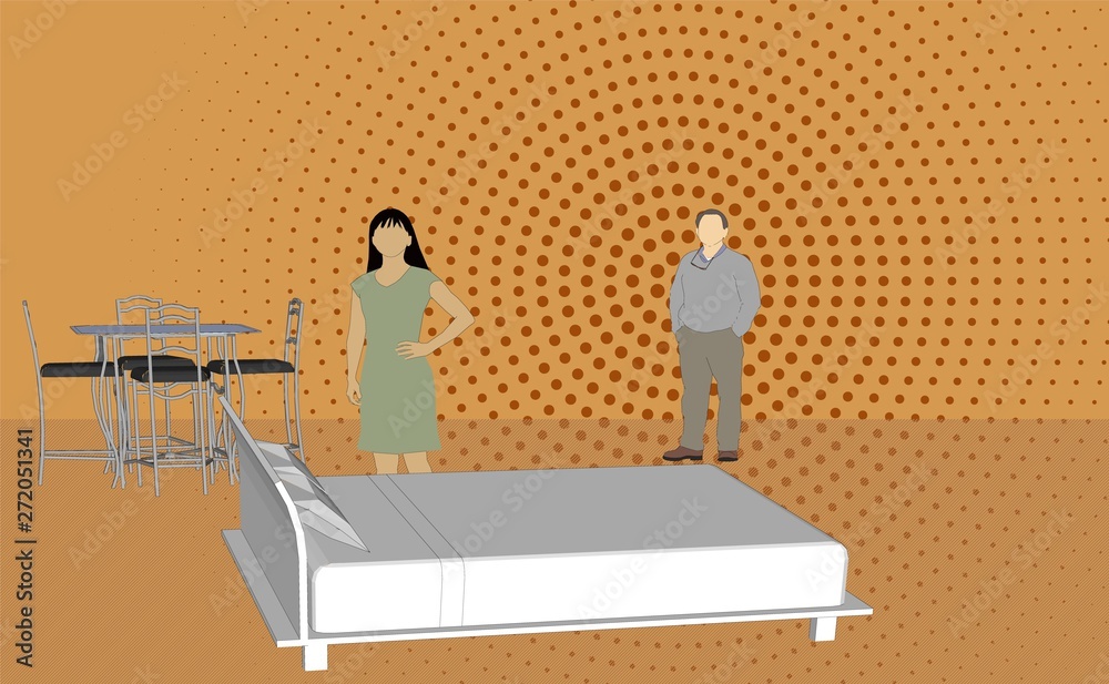 Man and woman in bedroom halftone background. Abstract interior of the ...