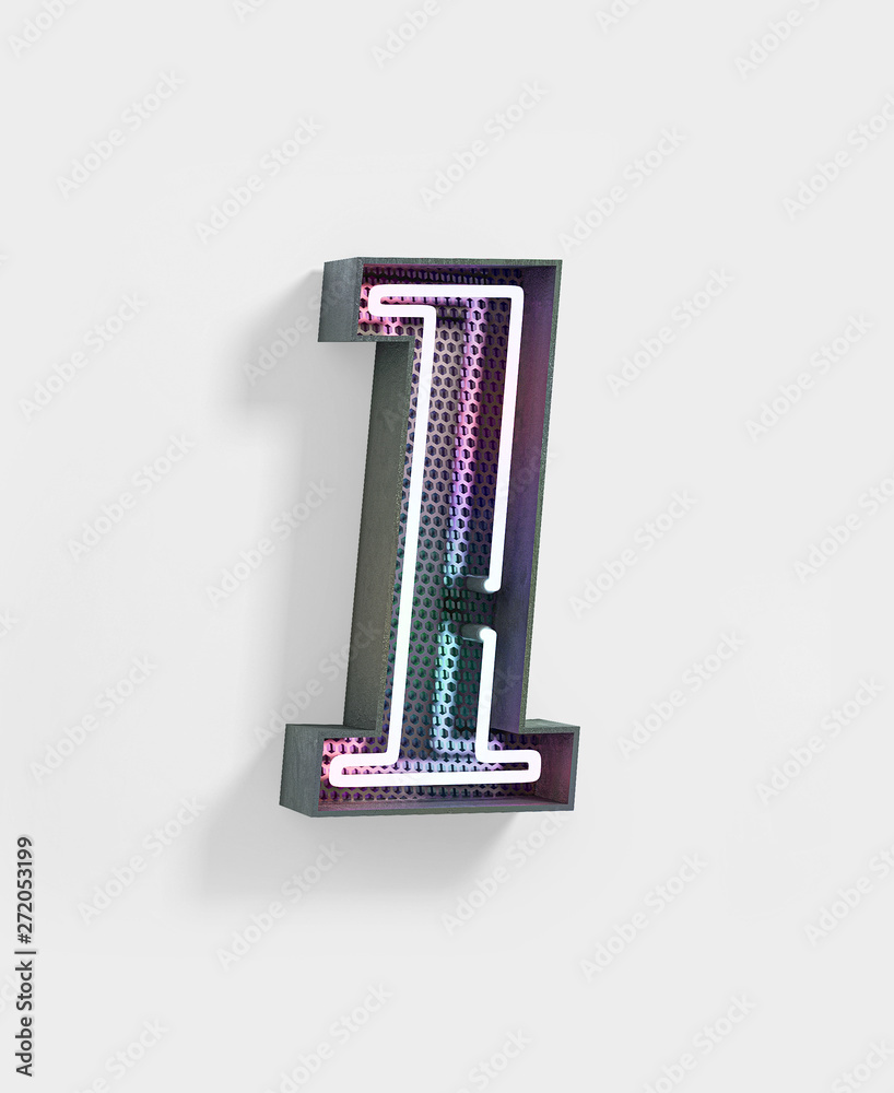 Vivid Neon Font with fluorescent wire and Bold Grey frame. Number 1 ...
