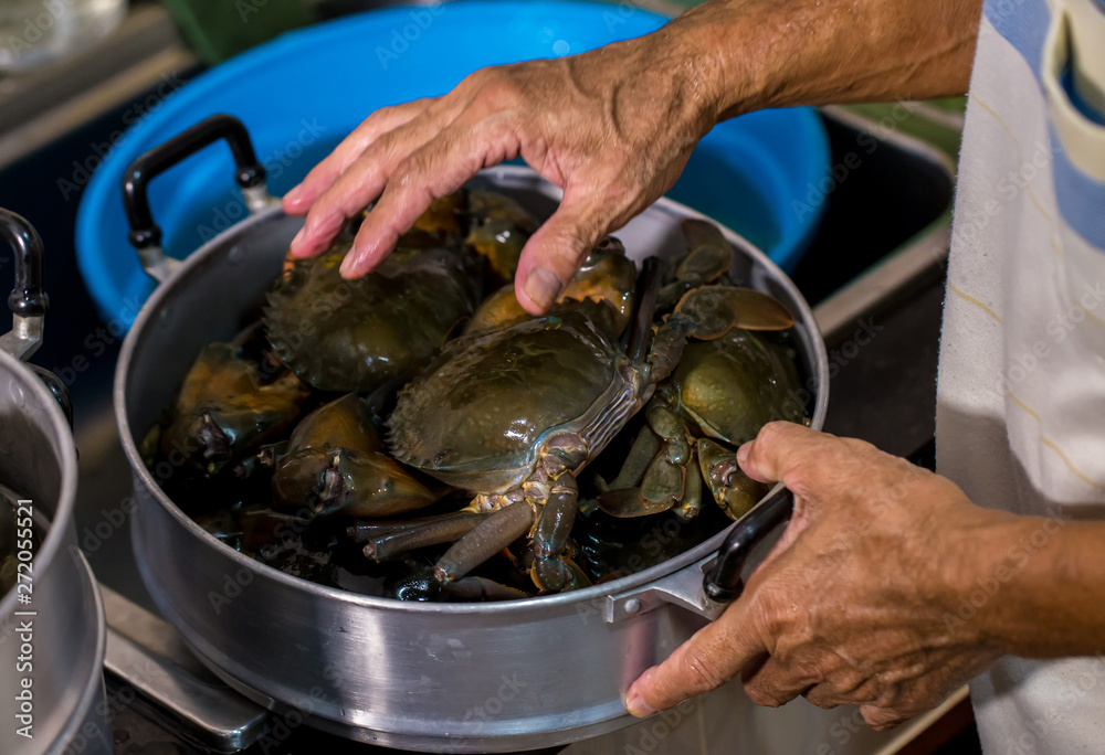 Steamed crab in pot. live crabs in a pot. steaming shanghai hairy crabs ...