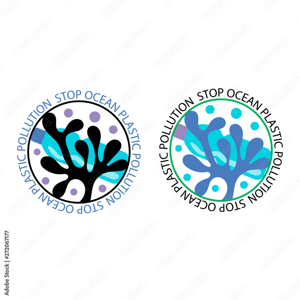 Emblem stop ocean plastic pollution. Round icons against ocean ...