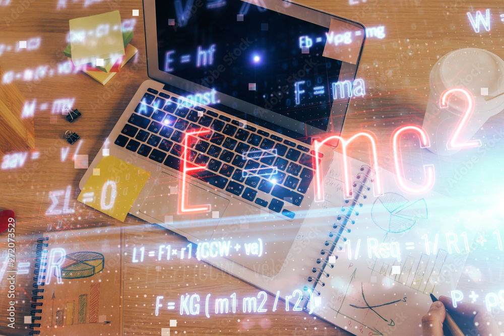 Student or teacher with mathematical and scientific formulas. Concepts ...