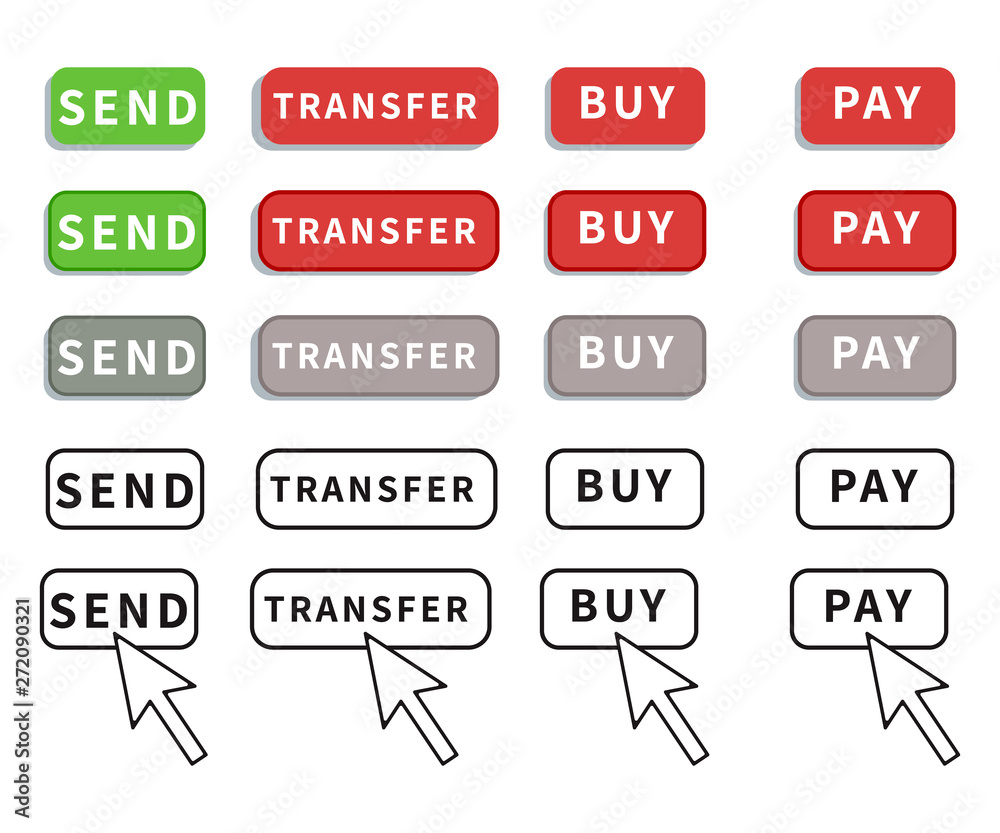 Set of flat buttons design isolated on white background. Pay, send, buy ...
