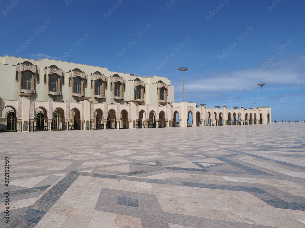 Arcade of mediatheque of Hassan II Mosque in Casablanca city in Morocco ...