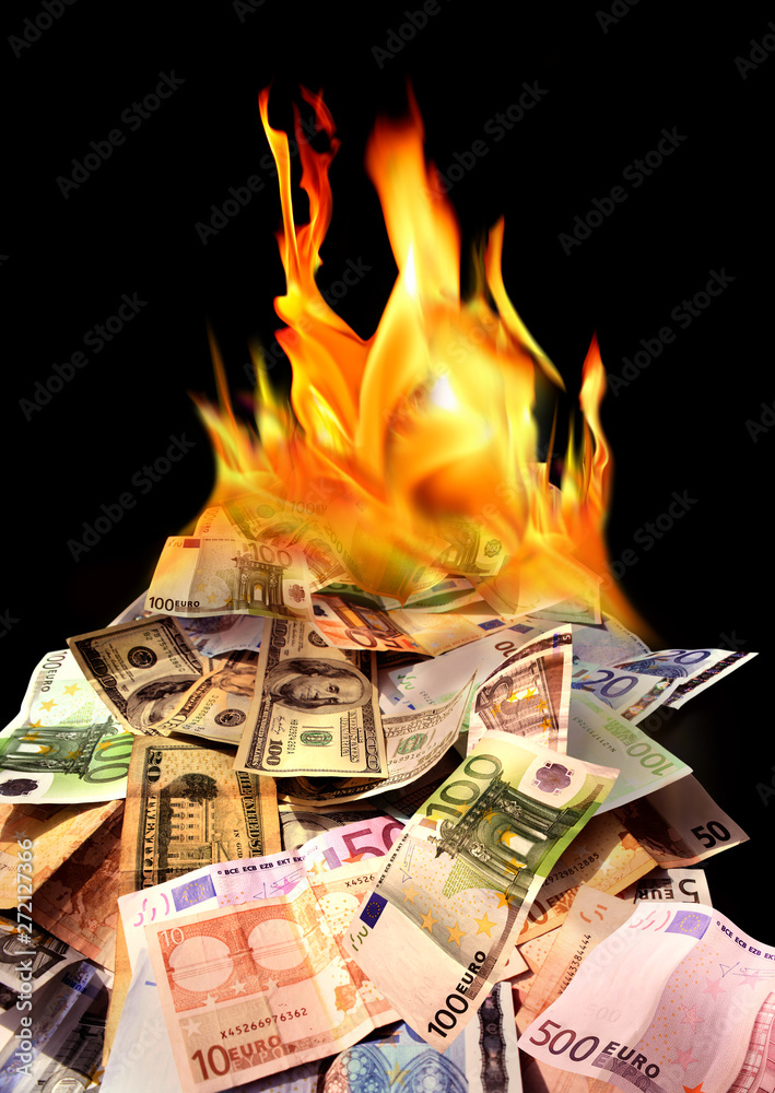 Conceptual finance image of burning pile of money, dollar and euro ...