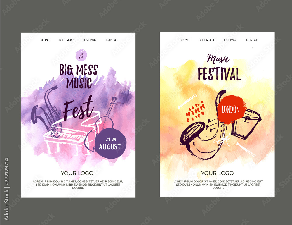 Vector print music poster set with watercolor stain and doodle icons ...