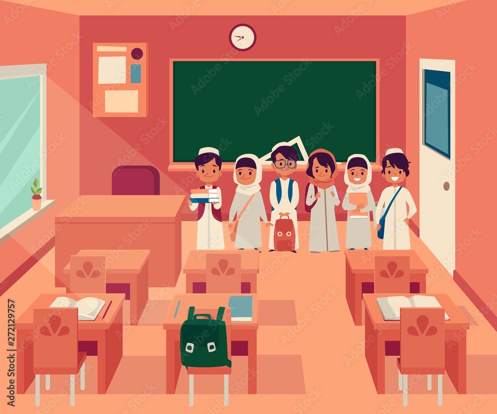 Arabian kids group stands in classroom with school bags and books ...