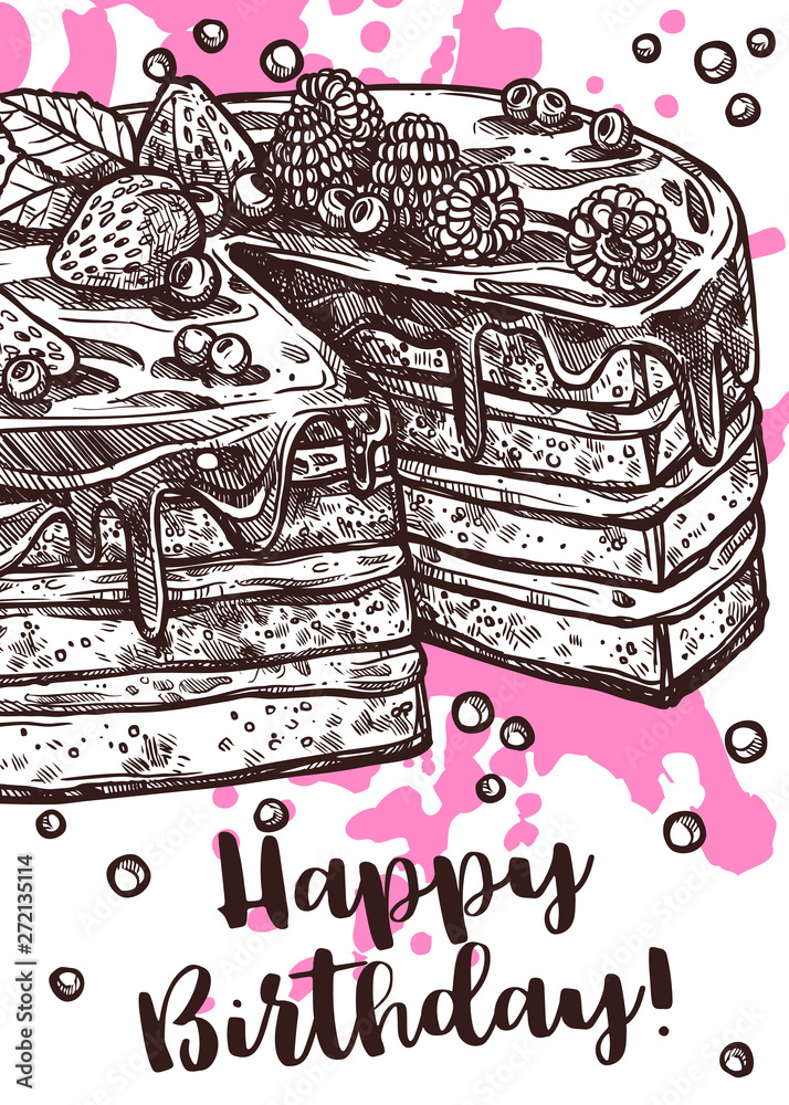 Vector hand drawn poster with cake. Homemade bakery and desserts sketch ...
