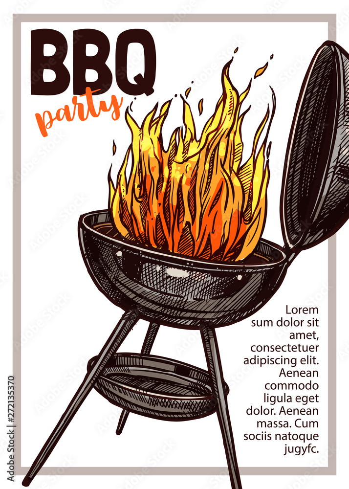 Barbecue vector hand drawn party poster with grill and fire. Sketch bbq ...