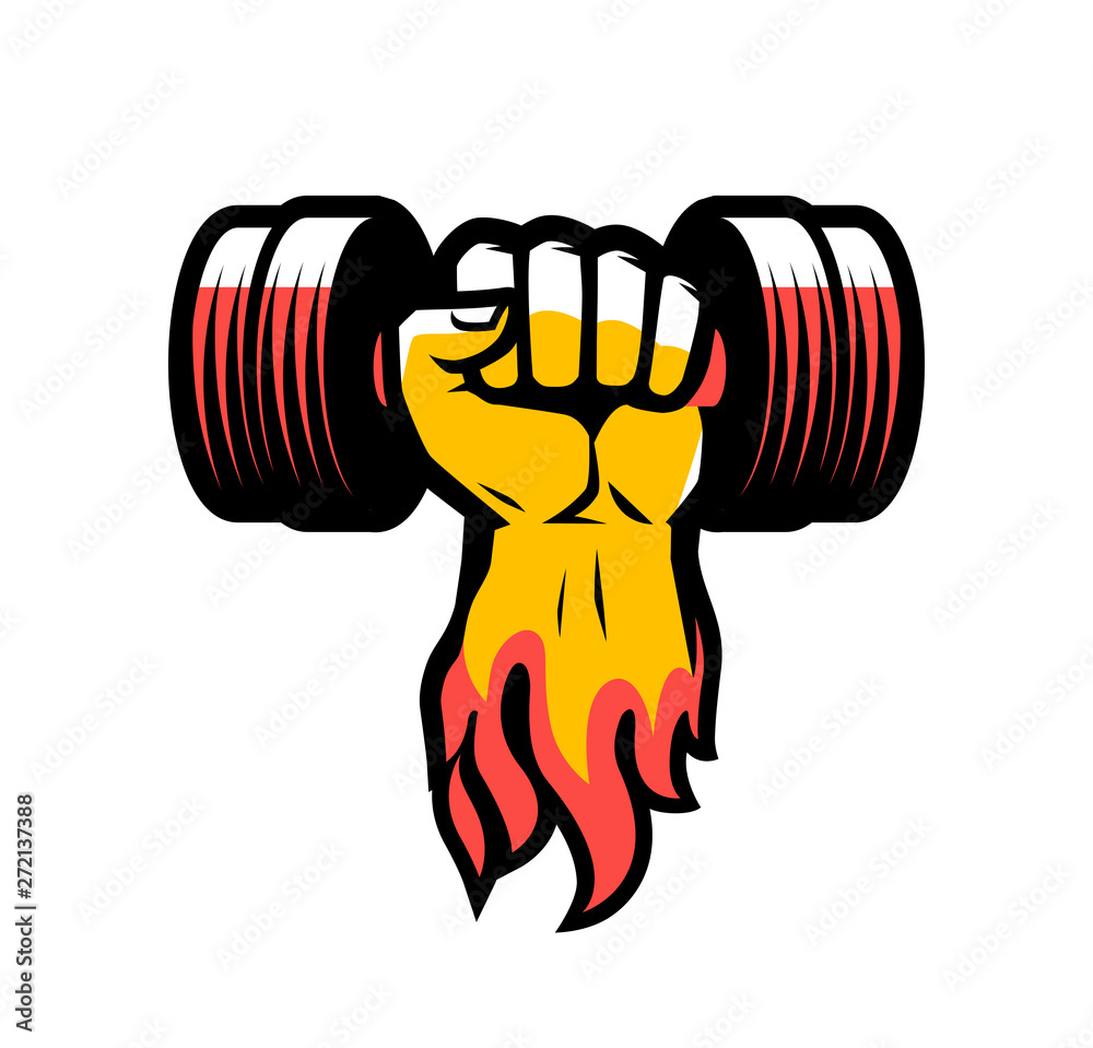 Arm with dumbbell. Gym club logo or label. Vector illustration Stock ...
