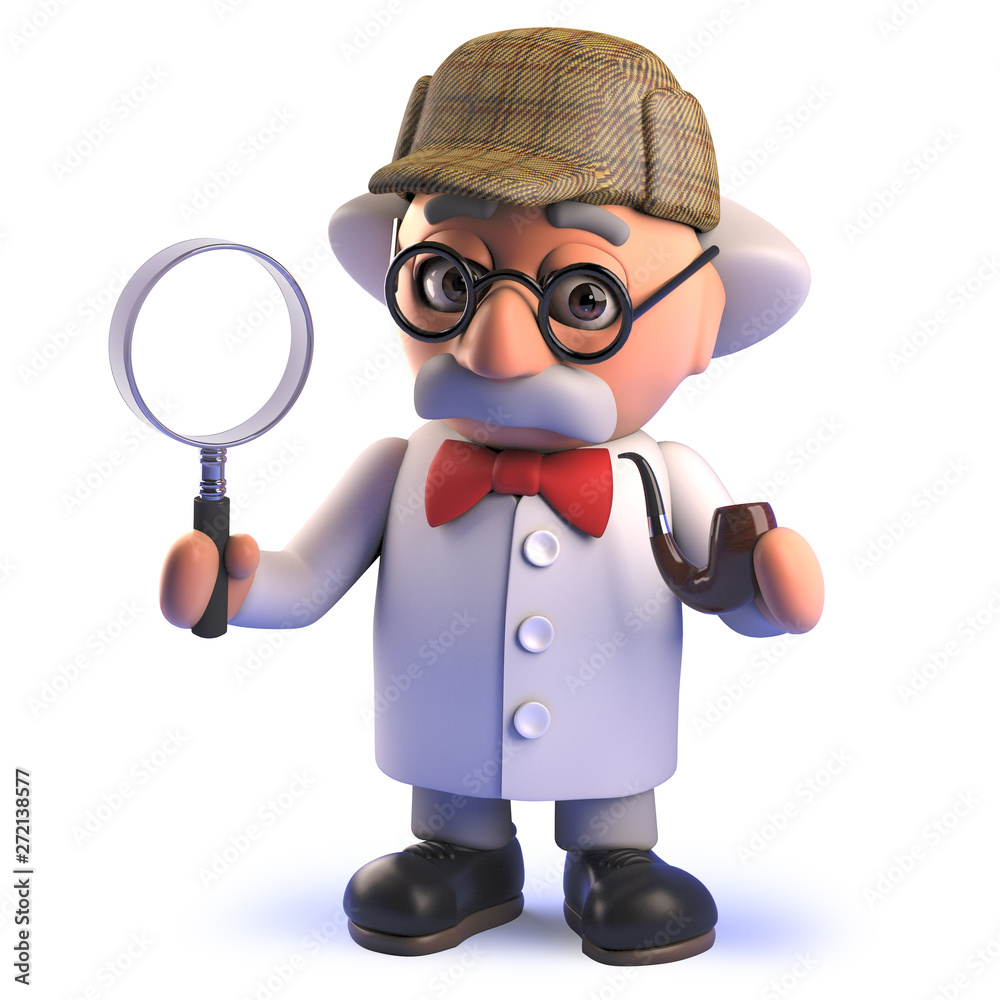 Crazy mad scientist cartoon character in 3d dressed like Sherlock ...