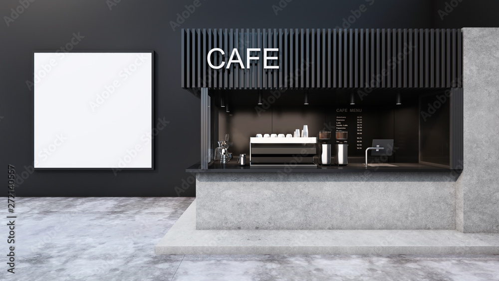 Front view Cafe shop & Restaurant design. Modern minimal metal black ...