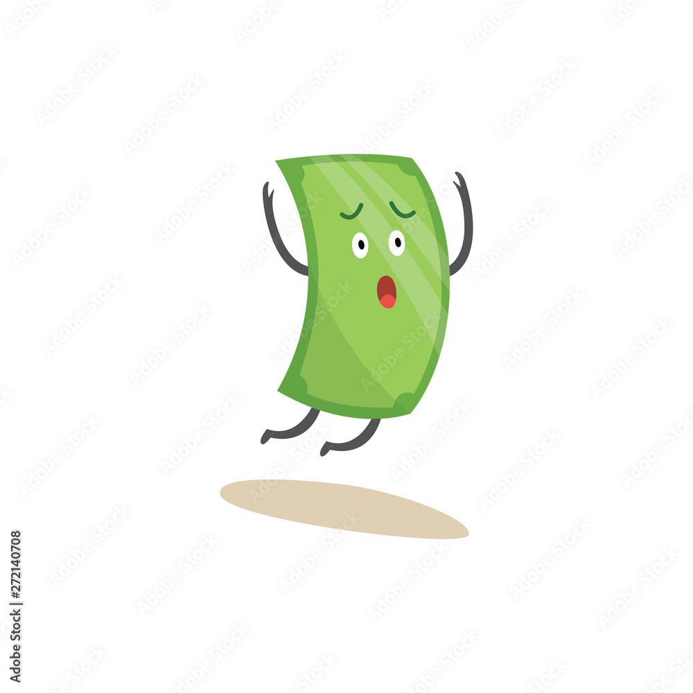 Scared green dollar bill character running away and falling, American ...