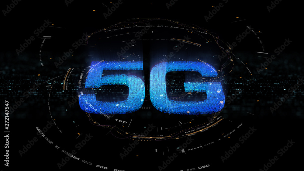 Futuristic holographic 5G icon digital wireless high speed fifth innovative generation for ...