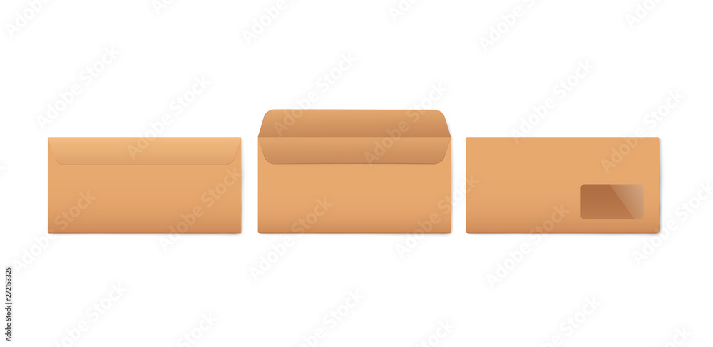Blank brown mail envelope set - open and closed version from front and ...