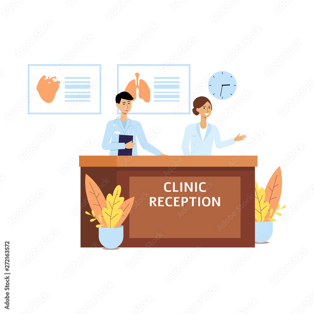 Hospital staff at clinic reception, friendly receptionist man and woman ...