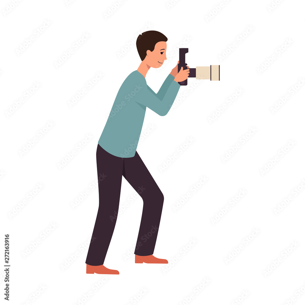 Side view man stand holding camera and taking photo picture flat ...