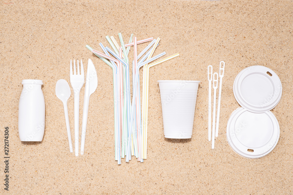 Disposable single use plastic objects such as bottles, cups, forks ...