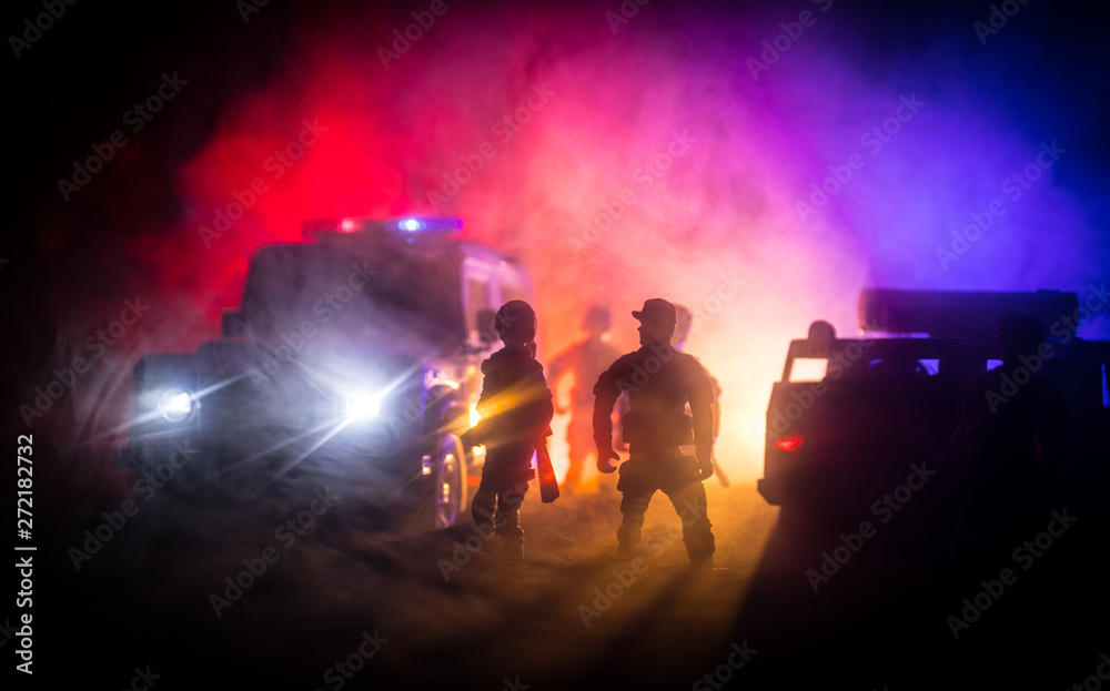 Police cars at night. Police car chasing a car at night with fog ...