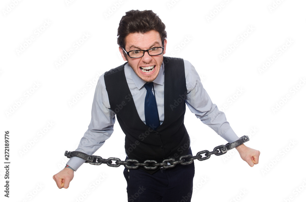 Chained male employee isolated on white Stock Photo | Adobe Stock