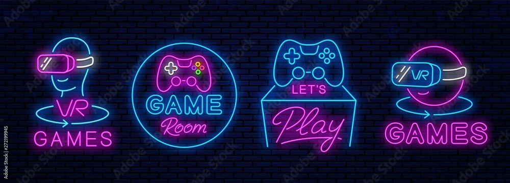 Set of neon icons for decoration in gaming clubs. Vector neon icons ...