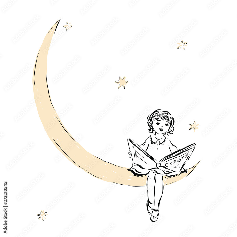 Cute little girl sitting on the moon. Hand drawn children's design for ...