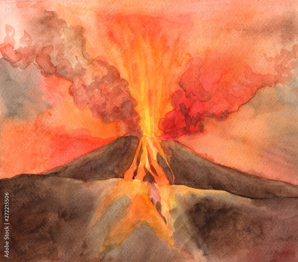 Watercolor realistic volcano isolated on a white background ...
