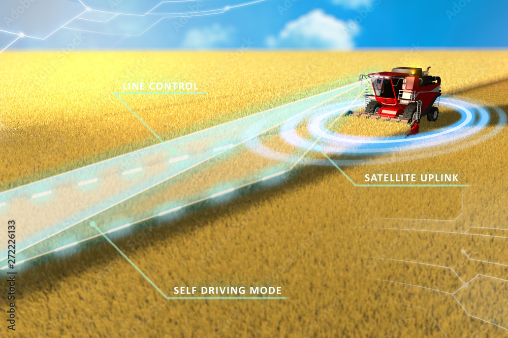 Self driving, unmanned, autonomous grain combine harvester working in ...