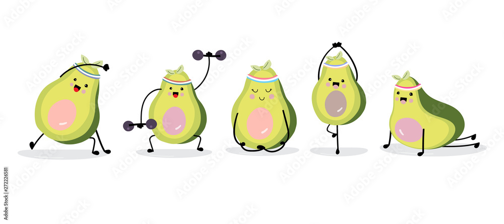 Cute avocado character with exercise. Vector illustration for birthday ...