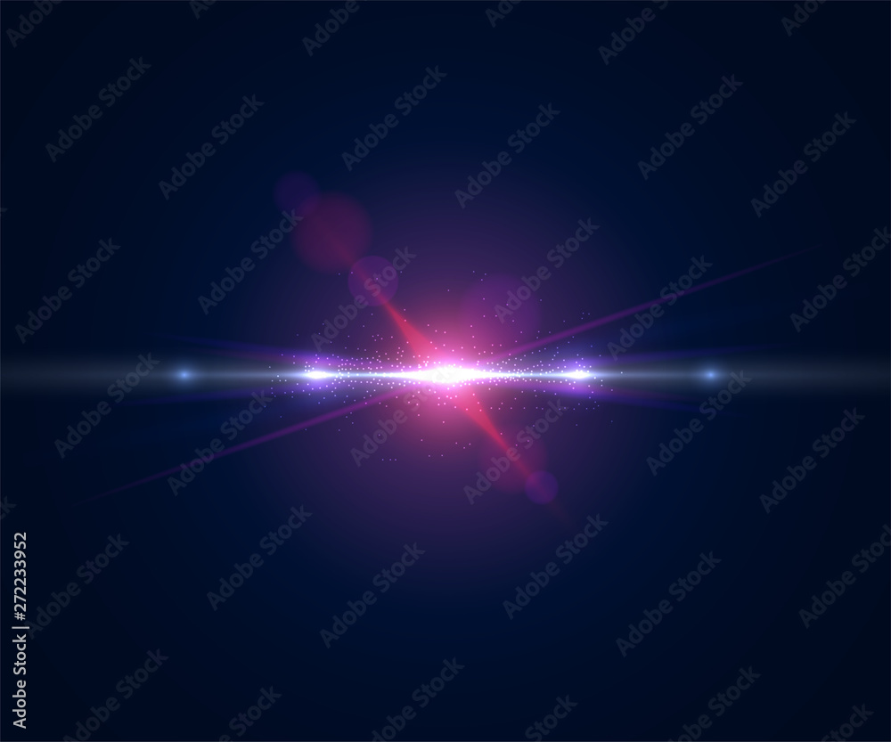 Glowing flash. Beautiful glare effect with bokeh, glitter particles and ...