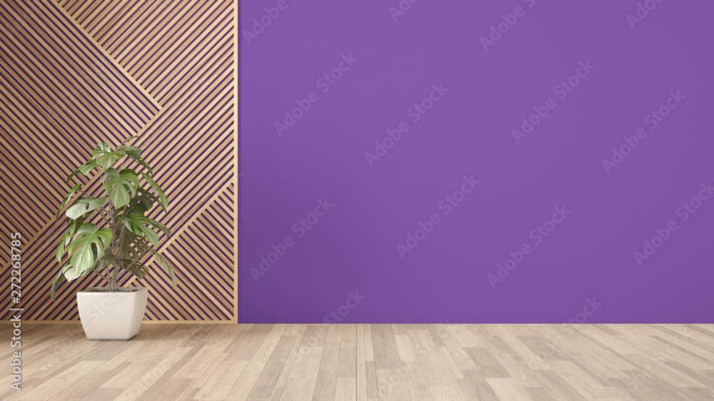 Empty room with wooden panel and potted plant, parquet floor. Purple ...