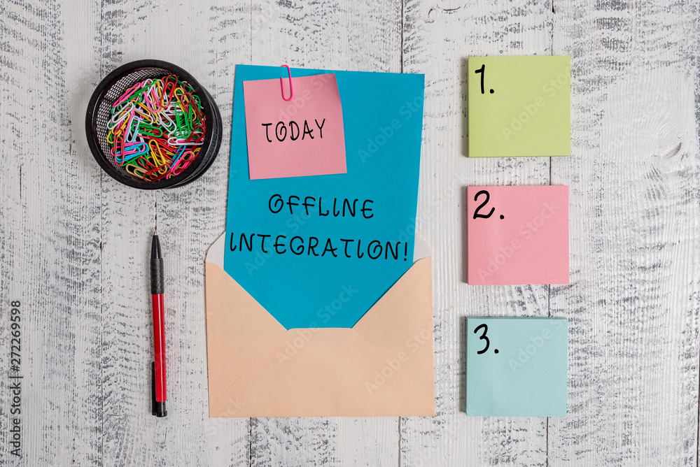 Writing note showing Offline Integration. Business concept for First ...