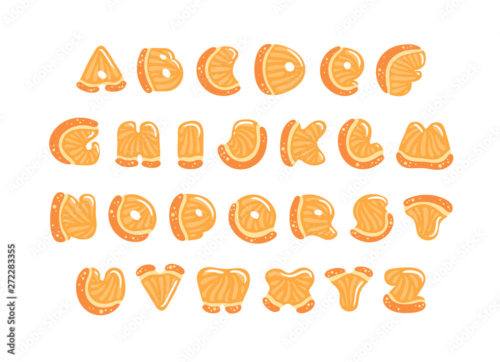 Alphabet with cute orange letters. Cartoon ABC carved from juicy slices ...