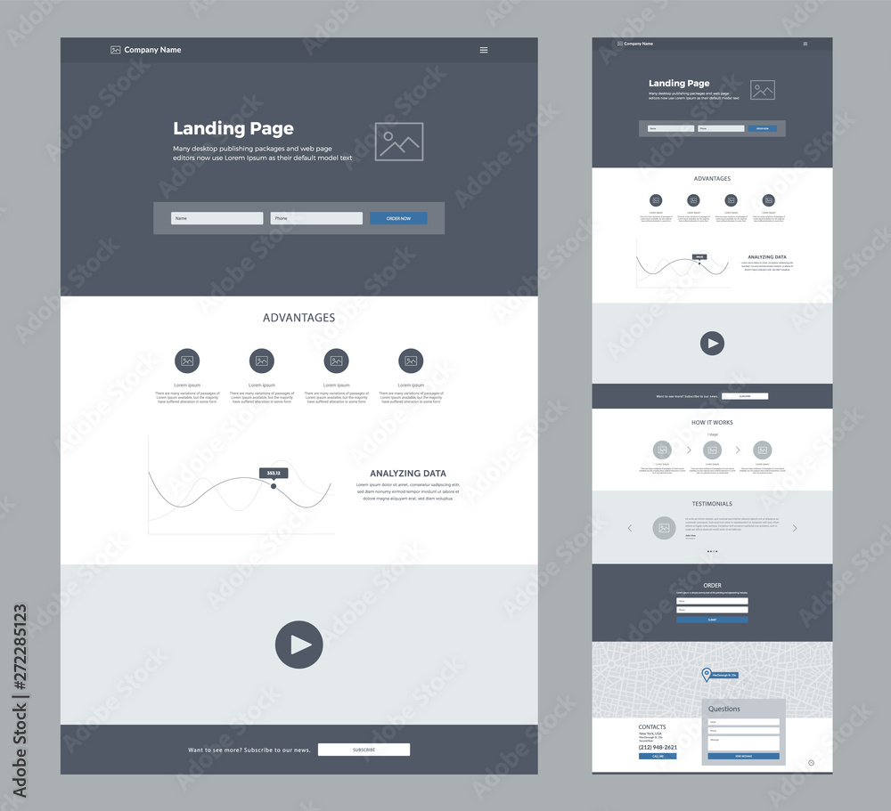 One page website design template for business. Landing page wireframe ...