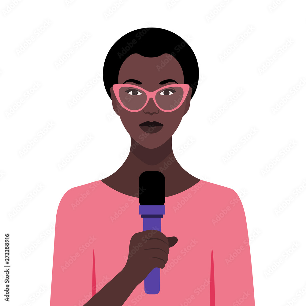 African woman talking in microphone in front of conference. Human ...